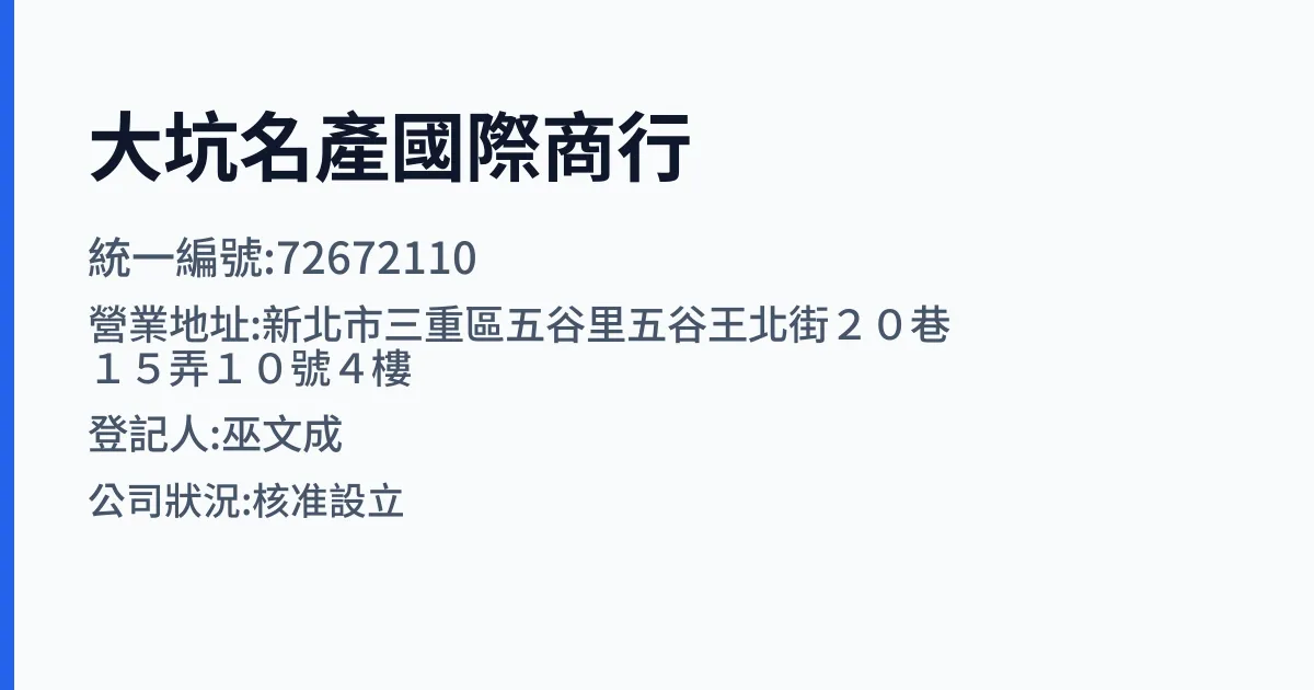 大坑名產國際商行 - 統編 72672110(新北市) 公司登記資料與營業項目詳細圖表