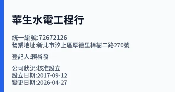 華生水電工程行的照片-統編 72672126(新北市) 公司登記資料與營業項目詳細圖表
