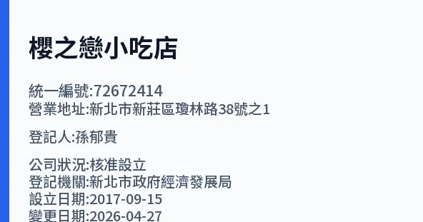 櫻之戀小吃店的照片-統編 72672414(新北市) 公司登記資料與營業項目詳細圖表