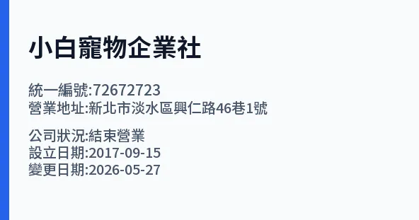 小白寵物企業社的照片-統編 72672723(新北市) 公司登記資料與營業項目詳細圖表