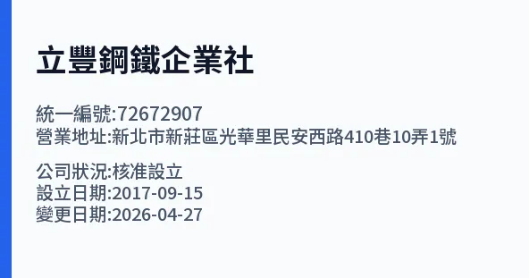 立豐鋼鐵企業社的照片-統編 72672907(新北市) 公司登記資料與營業項目詳細圖表