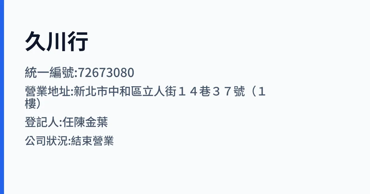 久川行 - 統編 72673080(新北市) 公司登記資料與營業項目詳細圖表