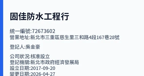 固佳防水工程行的照片-統編 72673602(新北市) 公司登記資料與營業項目詳細圖表