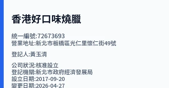 香港好口味燒臘的照片-統編 72673693(新北市) 公司登記資料與營業項目詳細圖表