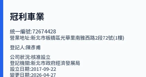 冠利車業的照片-統編 72674428(新北市) 公司登記資料與營業項目詳細圖表