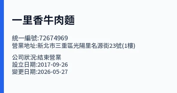 一里香牛肉麵的照片-統編 72674969(新北市) 公司登記資料與營業項目詳細圖表