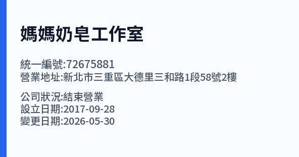 媽媽奶皂工作室的照片-統編 72675881(新北市) 公司登記資料與營業項目詳細圖表