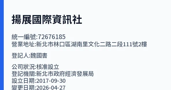 揚展國際資訊社的照片-統編 72676185(新北市) 公司登記資料與營業項目詳細圖表