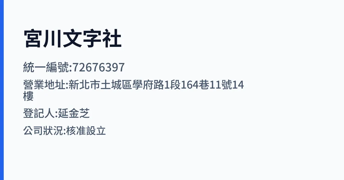 宮川文字社 - 統編 72676397(新北市) 公司登記資料與營業項目詳細圖表