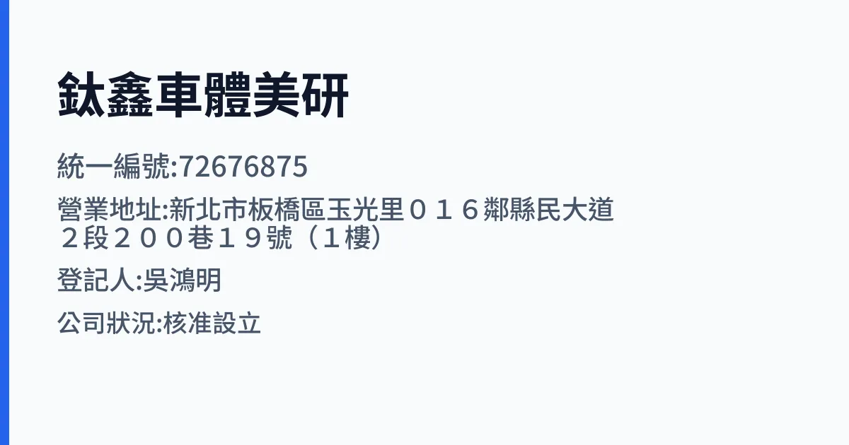 鈦鑫車體美研 - 統編 72676875(新北市) 公司登記資料與營業項目詳細圖表