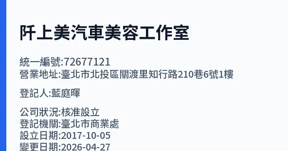 阡上美汽車美容工作室的照片-統編 72677121(臺北市) 公司登記資料與營業項目詳細圖表