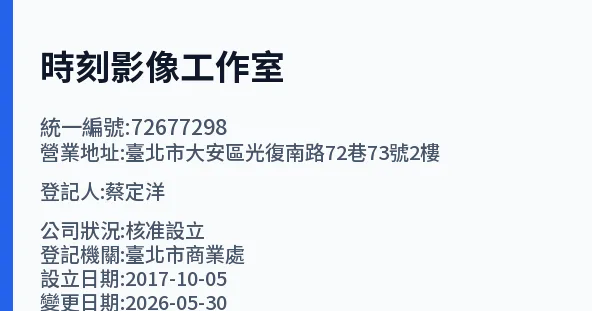 時刻影像工作室的照片-統編 72677298(臺北市) 公司登記資料與營業項目詳細圖表