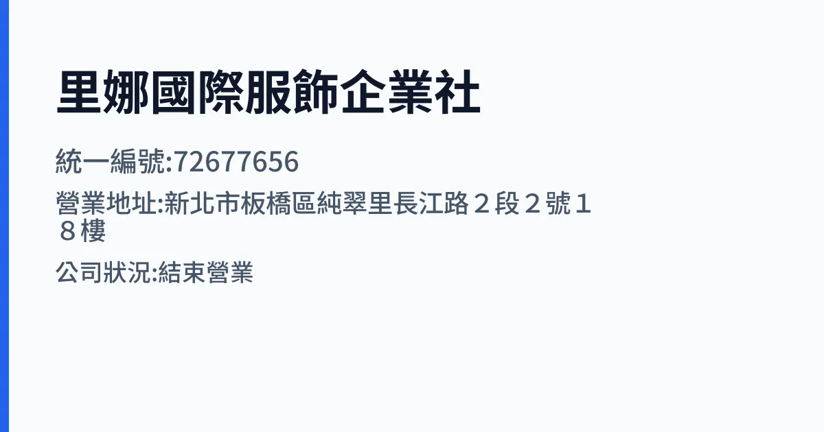 里娜國際服飾企業社 - 統編 72677656(新北市) 公司登記資料與營業項目詳細圖表