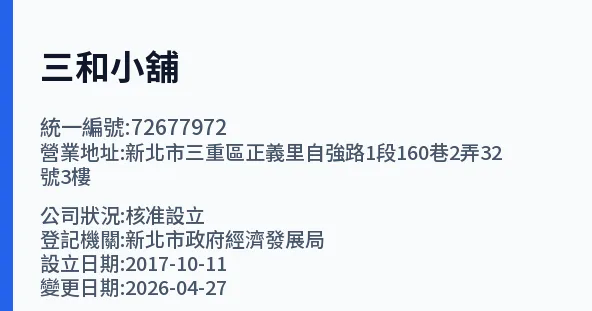 三和小舖的照片-統編 72677972(新北市) 公司登記資料與營業項目詳細圖表
