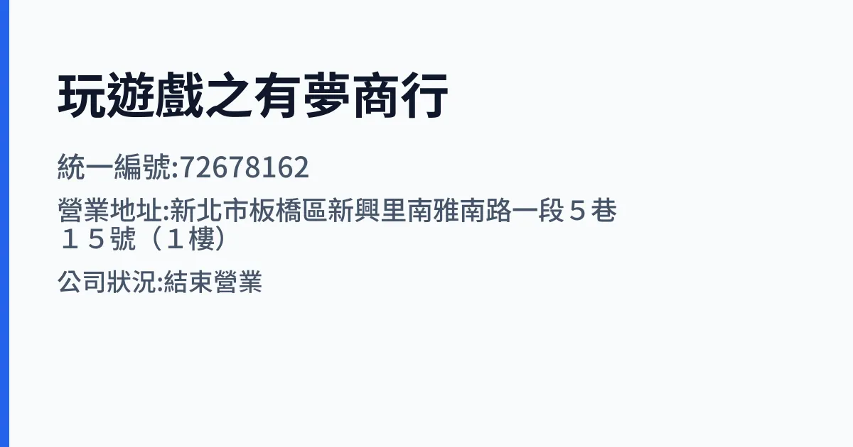 玩遊戲之有夢商行 - 統編 72678162(新北市) 公司登記資料與營業項目詳細圖表