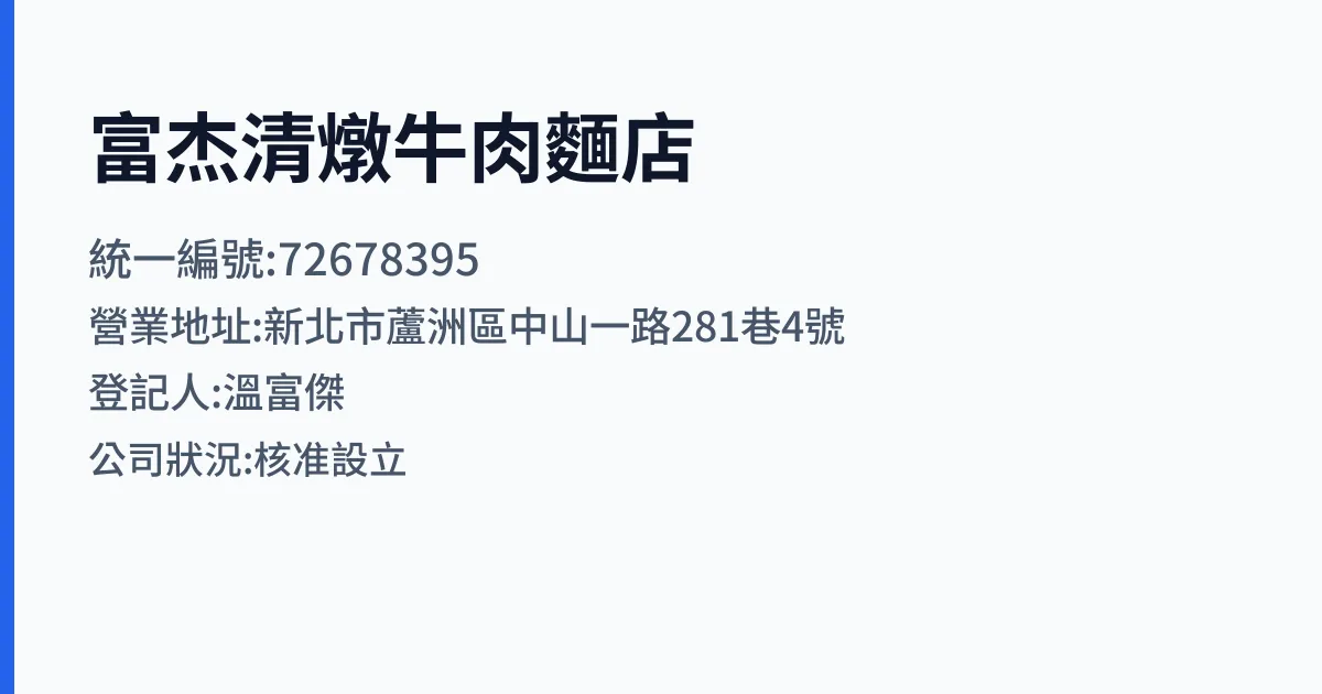 富杰清燉牛肉麵店 - 統編 72678395(新北市) 公司登記資料與營業項目詳細圖表