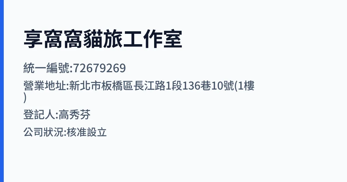 享窩窩貓旅工作室 - 統編 72679269(新北市) 公司登記資料與營業項目詳細圖表