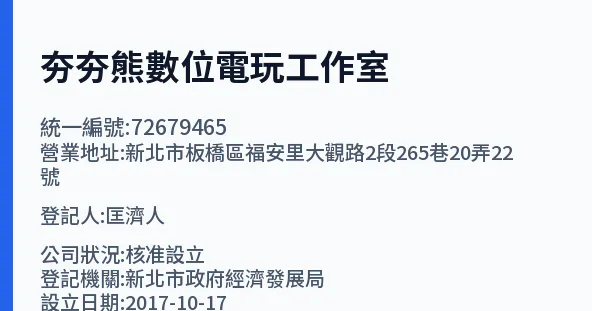 夯夯熊數位電玩工作室的照片-統編 72679465(新北市) 公司登記資料與營業項目詳細圖表
