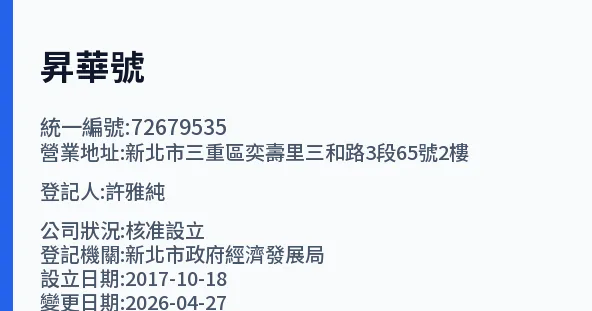 昇華號的照片-統編 72679535(新北市) 公司登記資料與營業項目詳細圖表
