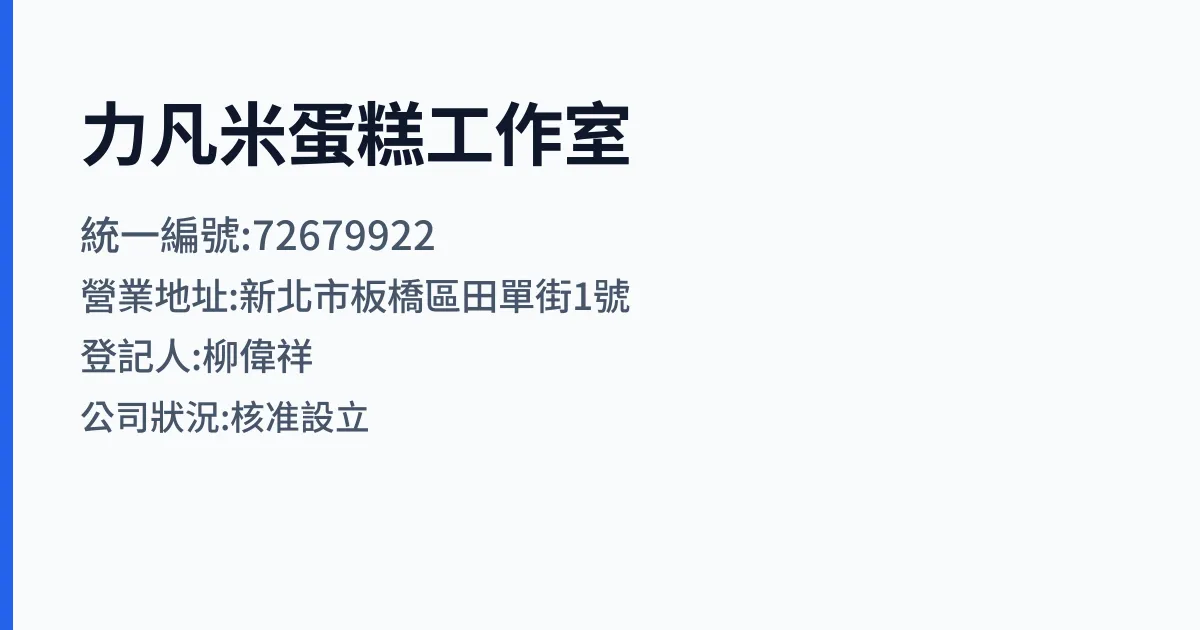 力凡米蛋糕工作室 - 統編 72679922(新北市) 公司登記資料與營業項目詳細圖表