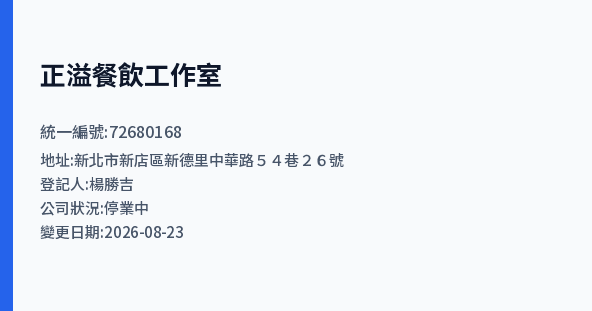 正溢餐飲工作室的照片-統編 72680168(新北市) 公司登記資料與營業項目詳細圖表