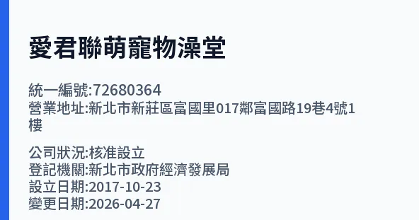愛君聯萌寵物澡堂的照片-統編 72680364(新北市) 公司登記資料與營業項目詳細圖表
