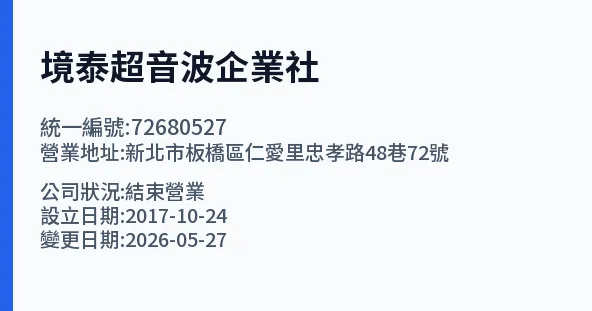 境泰超音波企業社的照片-統編 72680527(新北市) 公司登記資料與營業項目詳細圖表