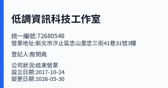 低調資訊科技工作室的照片-統編 72680548(新北市) 公司登記資料與營業項目詳細圖表