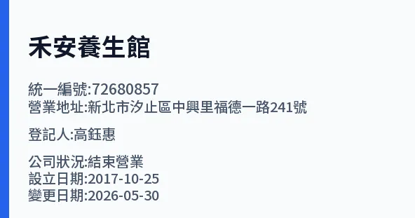 禾安養生館的照片-統編 72680857(新北市) 公司登記資料與營業項目詳細圖表