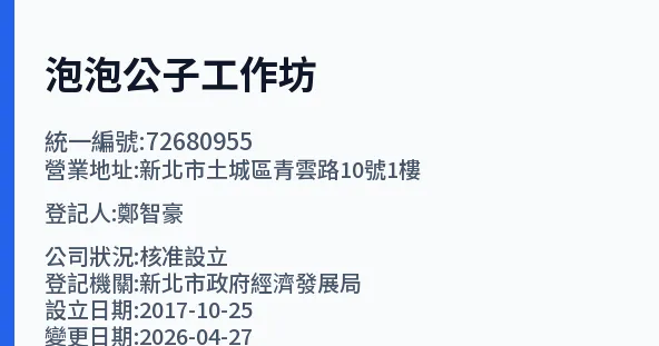 泡泡公子工作坊的照片-統編 72680955(新北市) 公司登記資料與營業項目詳細圖表