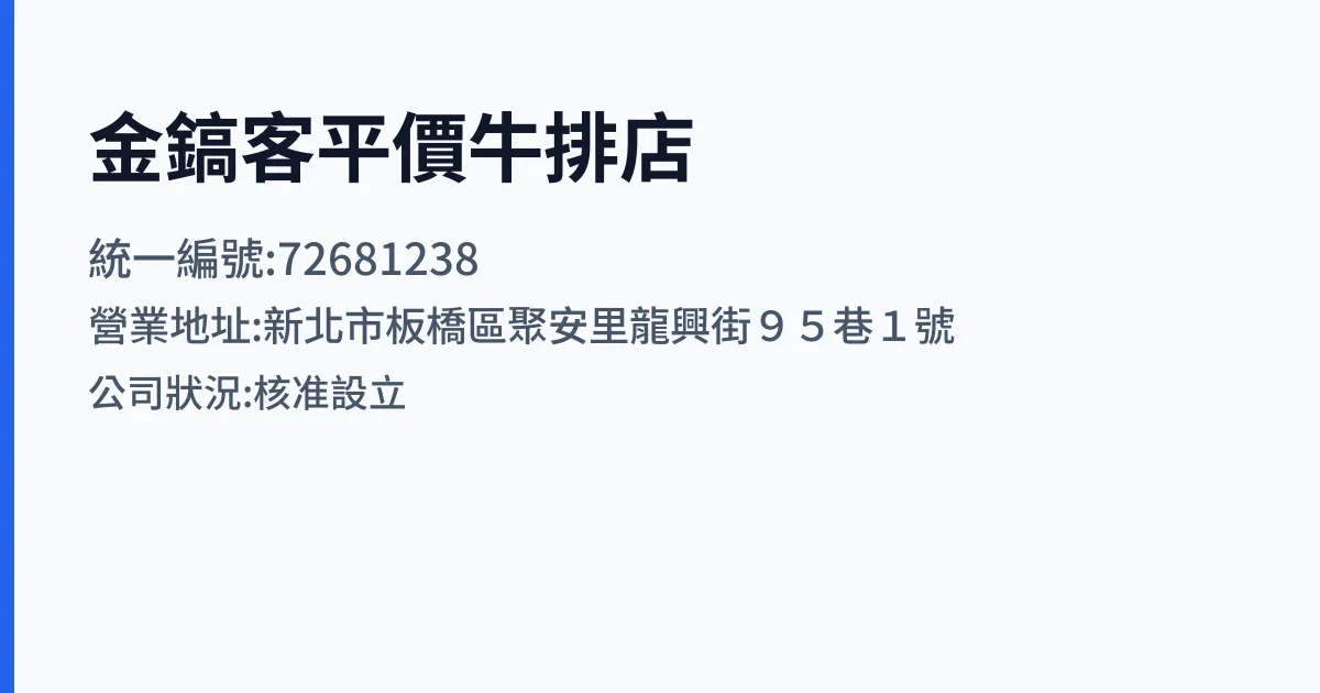 金鎬客平價牛排店 - 統編 72681238(新北市) 公司登記資料與營業項目詳細圖表