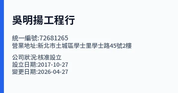 吳明揚工程行的照片-統編 72681265(新北市) 公司登記資料與營業項目詳細圖表