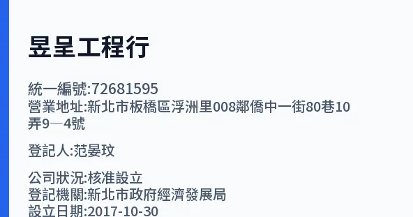 昱呈工程行的照片-統編 72681595(新北市) 公司登記資料與營業項目詳細圖表