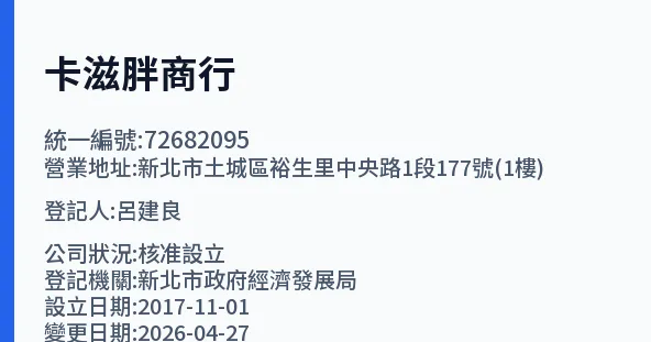 卡滋胖商行的照片-統編 72682095(新北市) 公司登記資料與營業項目詳細圖表