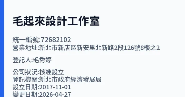 毛起來設計工作室的照片-統編 72682102(新北市) 公司登記資料與營業項目詳細圖表