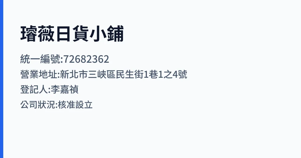 璿薇日貨小鋪 - 統編 72682362(新北市) 公司登記資料與營業項目詳細圖表