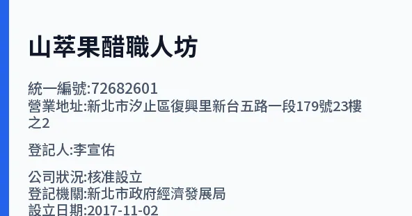 山萃果醋職人坊的照片-統編 72682601(新北市) 公司登記資料與營業項目詳細圖表