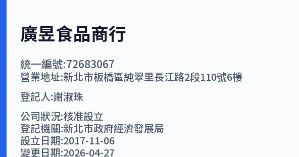 廣昱食品商行的照片-統編 72683067(新北市) 公司登記資料與營業項目詳細圖表
