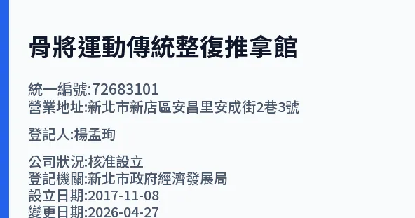 骨將運動傳統整復推拿館的照片-統編 72683101(新北市) 公司登記資料與營業項目詳細圖表