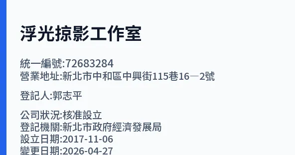 浮光掠影工作室的照片-統編 72683284(新北市) 公司登記資料與營業項目詳細圖表