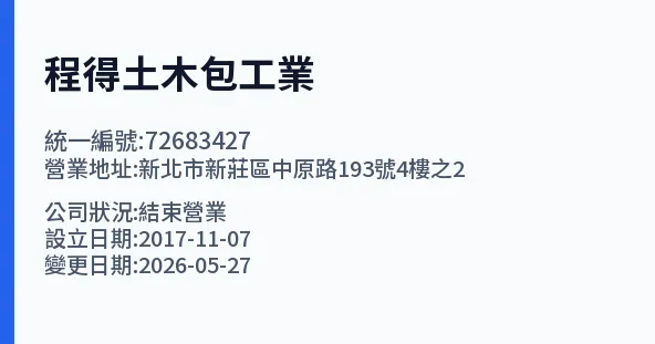 程得土木包工業的照片-統編 72683427(新北市) 公司登記資料與營業項目詳細圖表