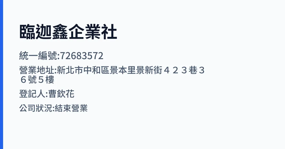 臨迦鑫企業社 - 統編 72683572(新北市) 公司登記資料與營業項目詳細圖表