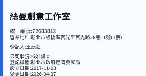 絲曼創意工作室的照片-統編 72683812(新北市) 公司登記資料與營業項目詳細圖表