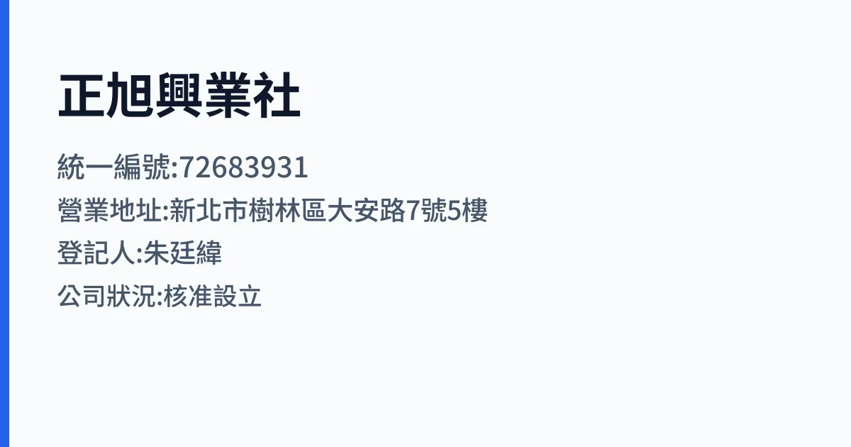 正旭興業社 - 統編 72683931(新北市) 公司登記資料與營業項目詳細圖表