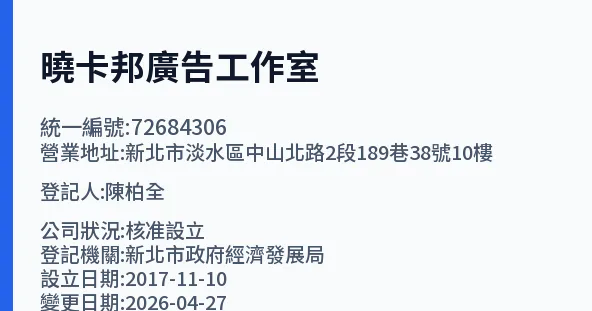 曉卡邦廣告工作室的照片-統編 72684306(新北市) 公司登記資料與營業項目詳細圖表