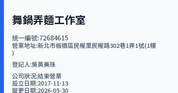 舞鍋弄麵工作室的照片-統編 72684615(新北市) 公司登記資料與營業項目詳細圖表
