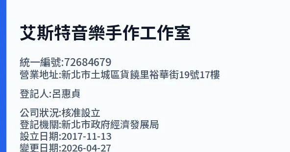 艾斯特音樂手作工作室的照片-統編 72684679(新北市) 公司登記資料與營業項目詳細圖表