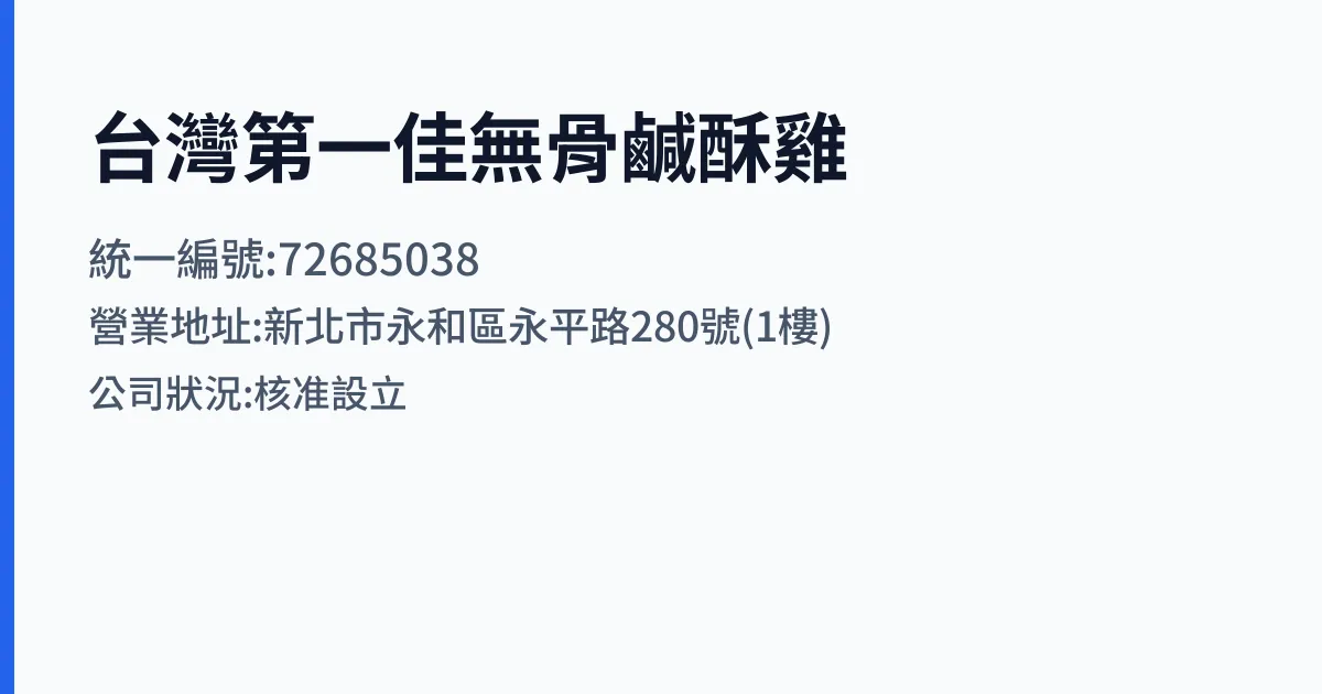 台灣第一佳無骨鹹酥雞 - 統編 72685038(新北市) 公司登記資料與營業項目詳細圖表