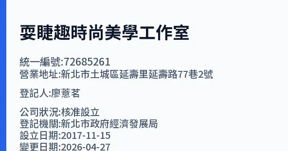 耍睫趣時尚美學工作室的照片-統編 72685261(新北市) 公司登記資料與營業項目詳細圖表