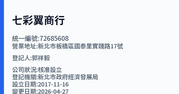 七彩翼商行的照片-統編 72685608(新北市) 公司登記資料與營業項目詳細圖表